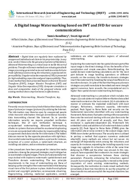 Pdf A Digital Image Watermarking Based On Iwt And Svd For Secure Communication