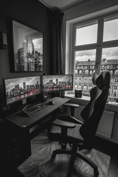 Modern Workspace Setup Featuring Dual Monitors And An Ergonomic Gaming Chair In A Stylish Urban