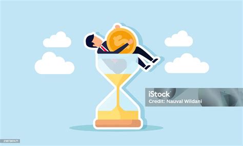 달러 동전을 들고 모래 시계에 갇혀 휴식을 취하는 사업가 이익을 위해 사업 성과를 유지하는 일관성의 그림 결심에 대한 스톡 벡터