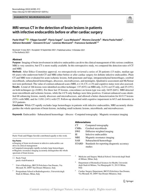 Pdf Mri Versus Ct In The Detection Of Brain Lesions In Patients With Infective Endocarditis