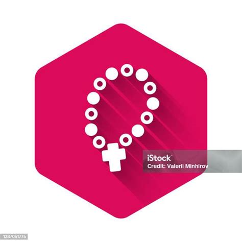 긴 그림자로 고립 된 화이트 묵주 구슬 종교 아이콘 핑크 육각형 버튼 벡터 교회에 대한 스톡 벡터 아트 및 기타 이미지 교회 국가 관광명소 그림자 Istock