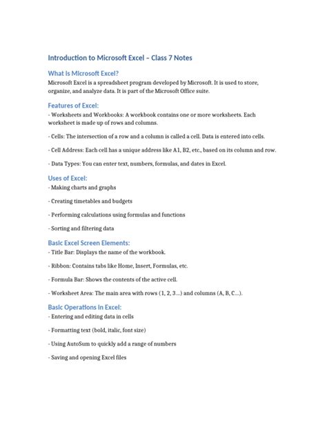 Introduction To Excel Class 7 Pdf
