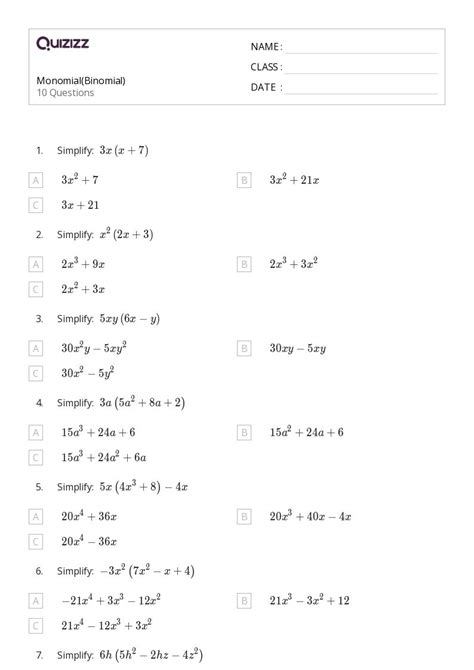 50 Monomials Operations Worksheets On Quizizz Free And Printable