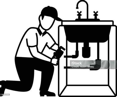 렌치와 고정 부엌 수도꼭지 개념 벡터 아이콘 디자인 배관공 장비 기호 핸디맨 서비스 작품 표지판 위생 기술자 스톡 일러스트와 배관공 연관공에 대한 스톡 벡터 아트 및 기타