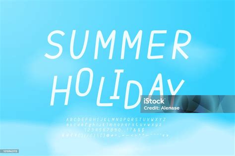 푸른 하늘 배경에 여름 흰색 알파벳입니다 대문자 와 소문자 숫자 문장 부호 손으로 쓴 얇은 슬림 기울임꼴 글꼴입니다 벡터 일러스트레이션 0명에 대한 스톡 벡터 아트 및 기타