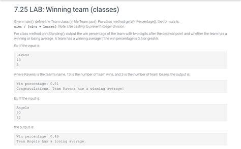 Solved 7 25 LAB Winning Team Classes Given Main Define Chegg