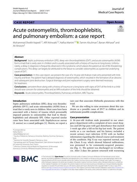 Pdf Acute Osteomyelitis Thrombophlebitis And Pulmonary Embolism A
