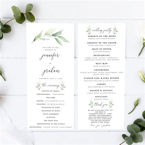 Wedding Program Template 4×9 Double Sided Greenery Ceremony Programs