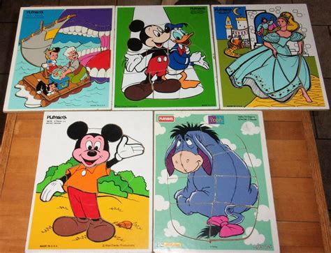 5 Vintage Playskool Disney Wood Puzzles Mickey Mouse Donald Pinocchio