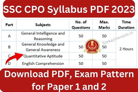 Ssc Cpo Syllabus Pdf 2023 Download Pdf Exam Pattern For Paper 1 And 2