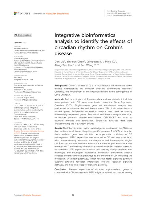 Pdf Integrative Bioinformatics Analysis To Identify The Effects Of Circadian Rhythm On Crohns
