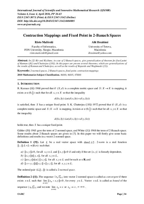 Pdf Contraction Mappings And Fixed Point In 2 Banach Spaces
