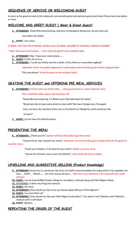 Dialogue On Sequence Of Service Or Welcoming Guest Sequence Of