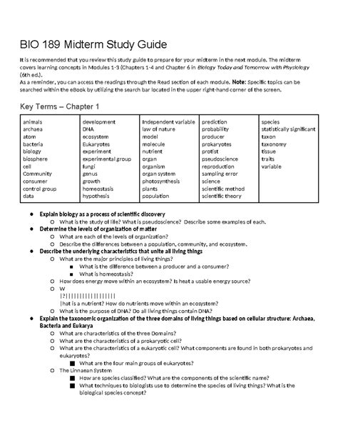 BIO 189 Midterm Exam Study Guide Key Concepts And Terms Review Studocu