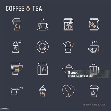 커피와 차 얇은 라인 아이콘 세트 종이 컵 Cezve 커피 메이커 주전자 카푸치노 컵 레몬 차 려 분쇄기 현대 벡터 일러스트 레이 션 가방에 대한 스톡 벡터 아트 및 기타