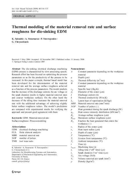 Pdf Thermal Modeling Of The Material Removal Rate And Surface Roughness For Die Sinking Edm