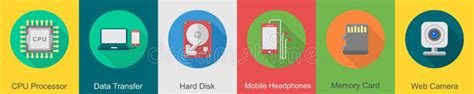 A Set Of 6 Computer And Hardware Icons As Cpu Processor Data Transfer