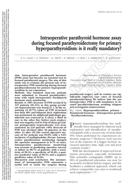 Pdf Intraoperative Parathyroid Hormone Assay During Focused Parathyroidectomy For Primary