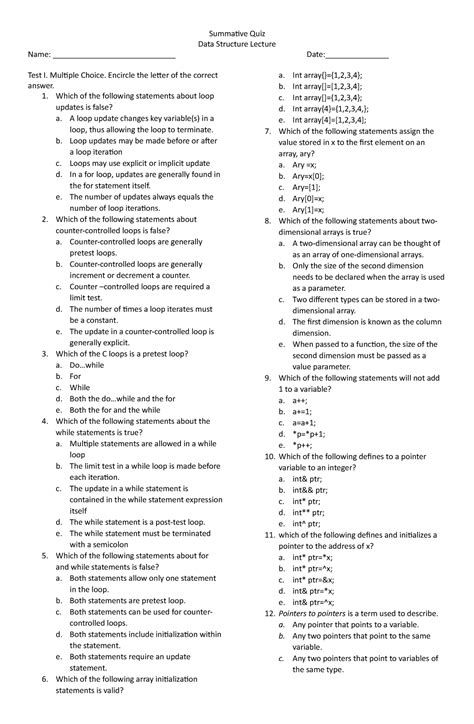 Data Structure Summative Quiz Summative Quiz Data Structure Lecture