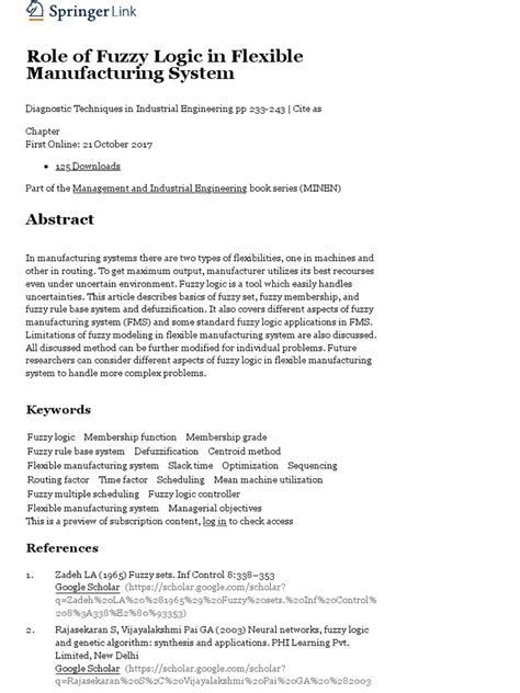 Role Of Fuzzy Logic In Flexible Manufacturing System Springerlink Pdf Fuzzy Logic