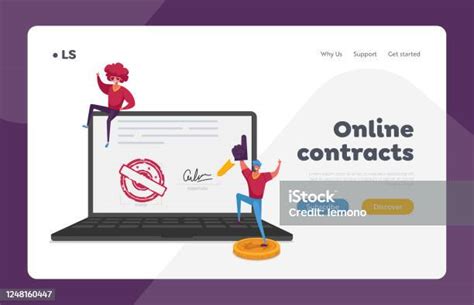 전자 계약 서명 방문 페이지 템플릿 작은 남성 캐릭터는 화면에 문서 디지털 서명 및 스탬프와 거대한 노트북에서 응원 전자 계약