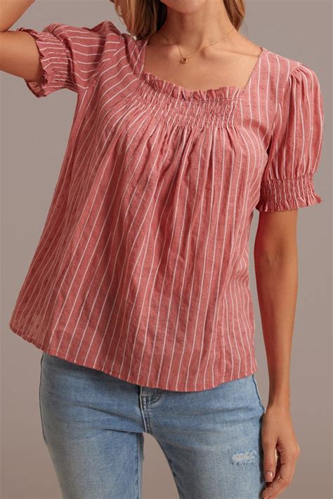Rust Short Sleeve Stripe Smocked Cotten Blouse Lajelia