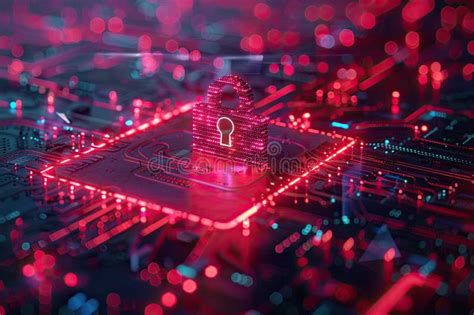 Digital Lock Icon On A Circuit Board Illuminated With Red And Blue Lights Representing