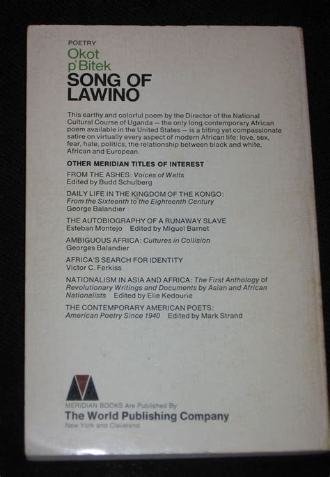 Song Of Lawino An African Lament By Okot Pbitek Frank Horley Vintage