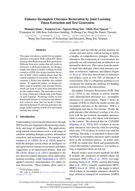Pdf Enhance Incomplete Utterance Restoration By Joint Learning Token