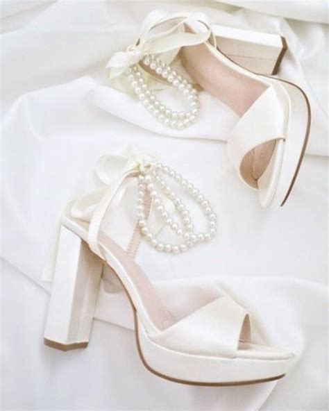 White And Ivory Satin Platform Block Heel Wedding Sandals With Double