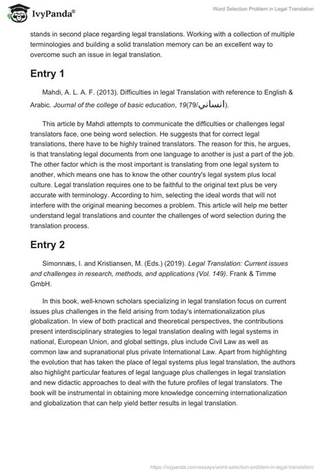 Word Selection Problem In Legal Translation 1543 Words Annotated Bibliography Example