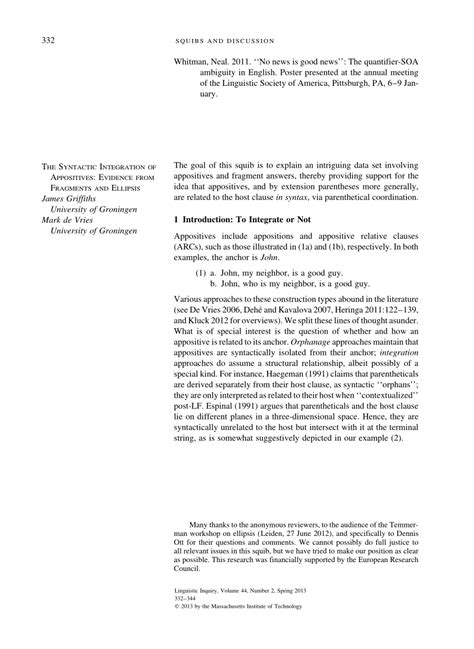 Pdf The Syntactic Integration Of Appositives Evidence From Fragments And Ellipsis