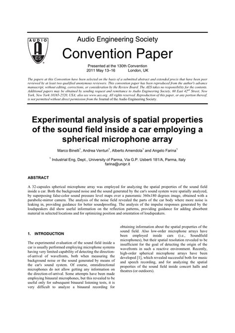 Pdf Experimental Analysis Of Spatial Properties Of The Sound Field Inside A Car Employing A