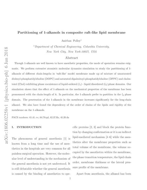 Pdf Partitioning Of 1 Alkanols In Composite Raft Like Lipid