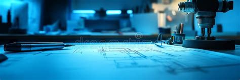 Blueprints Engineering Tools And Microscope In Blue Light Technical Design And Precision Stock