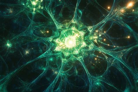 glowing green neural network with abstract webs and light nodes in dark background stock