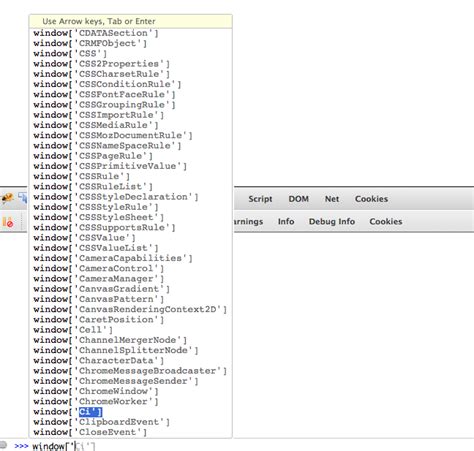 Javascript Chrome Dev Tools Object Property Auto Completion In