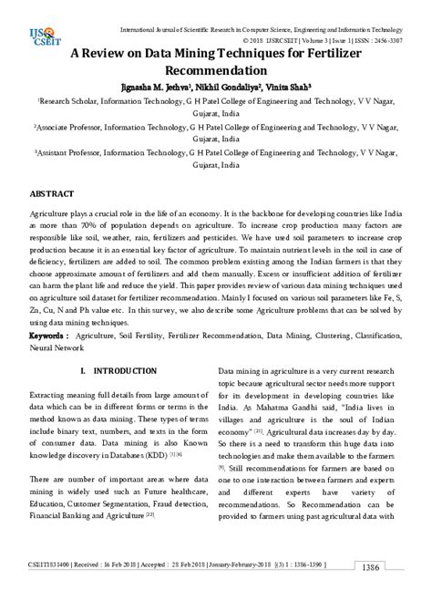 Pdf Cseit1831400 A Review On Data Mining Techniques For Fertilizer Recommendation