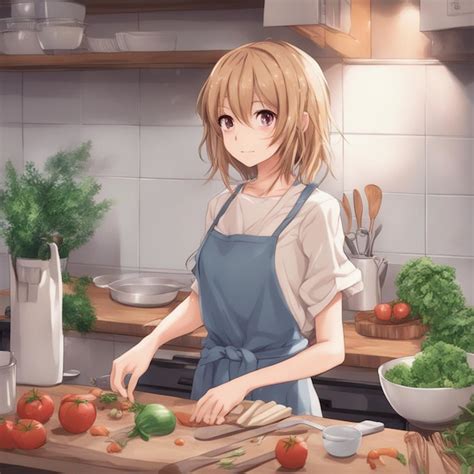 Premium Ai Image Anime Girl Cooking In The Kitchen Wallpaper