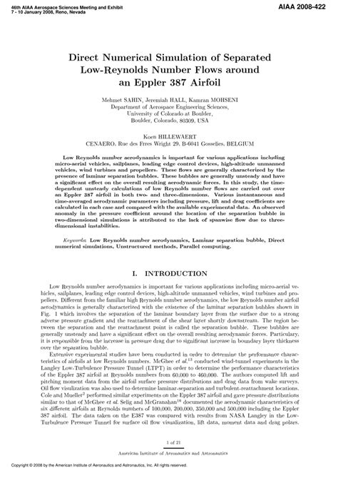 Pdf Direct Numerical Simulation Of Low Reynolds Number Separated Flow Around An Eppler 387
