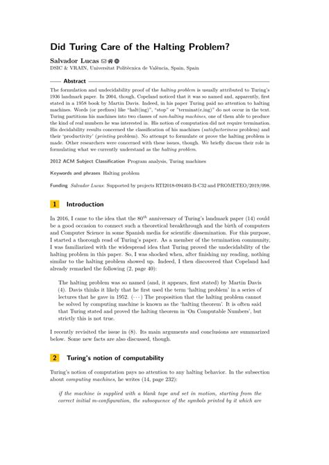 Pdf Did Turing Care Of The Halting Problem