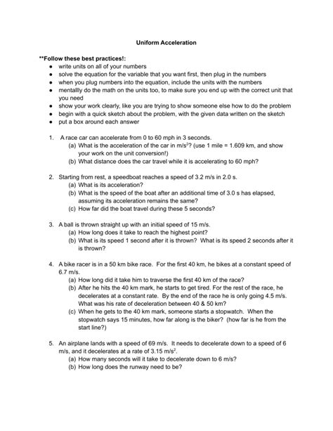 Uniform Acceleration Problems Worksheet