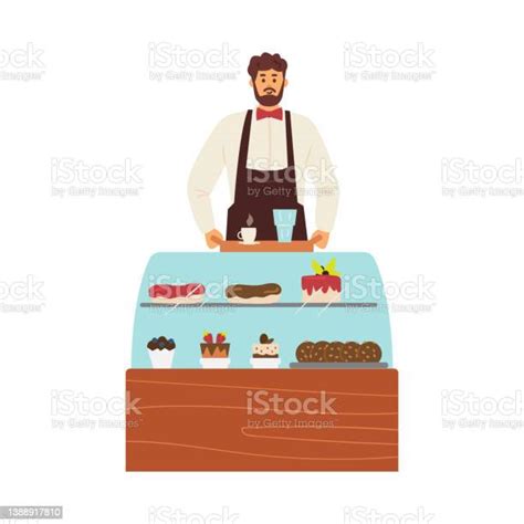 커피숍 카운터의 바리스타 또는 카페 주인 플랫 벡터 일러스트레이션이 고립되어 있습니다 남성에 대한 스톡 벡터 아트 및 기타 이미지 남성 남성상 남자 Istock