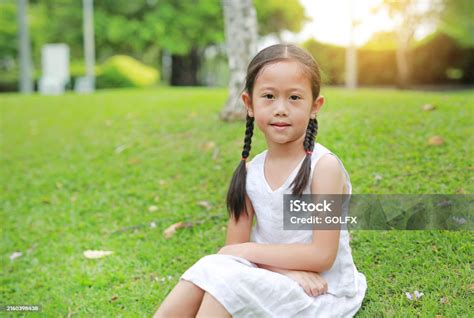 푸른 잔디 잔디밭에 누워있는 두 개의 포니 테일 머리를 가진 아름 다운 작은 아시아 어린이 소녀의 초상화 4 5세에 대한 스톡 사진 및 기타 이미지 Istock