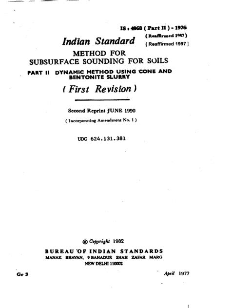 Is 4968 Part Ii 1976 Dynamic Method Using Cone And Bentonite Slurry Pdf