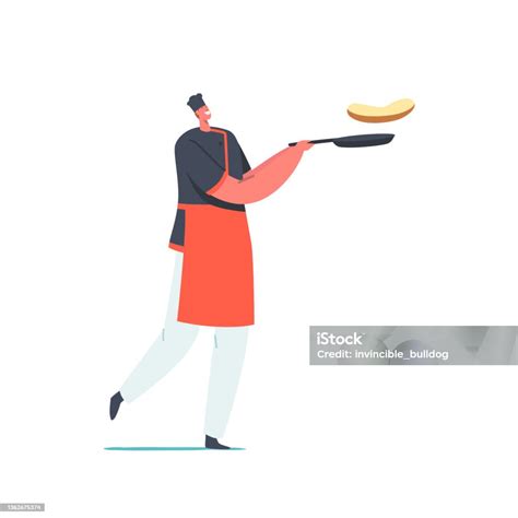 요리사 캐릭터 착용 토크 앞치마와 레스토랑 유니폼 요리 팬에 공기팬케이크를 토징 카페 직원 요리 식사 크레이프 팬케이크에 대한 스톡 벡터 아트 및 기타 이미지 Istock