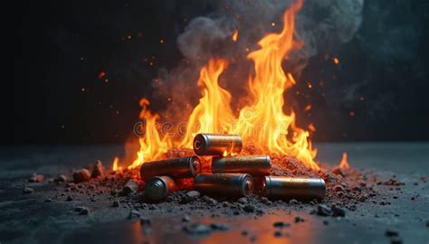 Lithium Batteries On Fire With Flames Heat Smoke Danger Of Explosion