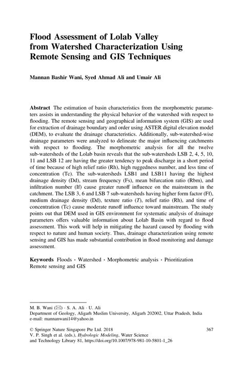 Pdf Flood Assessment Of Lolab Valley From Watershed Characterization Using Remote Sensing And