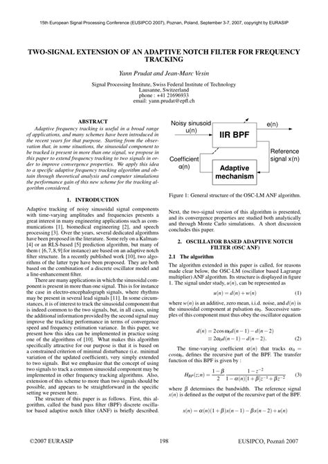 Pdf Two Signal Extension Of An Adaptive Notch Filter For Frequency Tracking