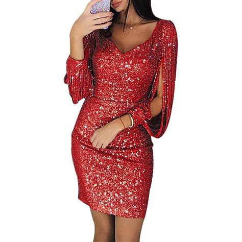 Women Dress Sequin Red Sparkle V Neck Bodycon Dress Plus Size 5xl Gold